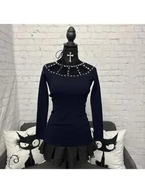 Tops | 210s Moewy Navy Adjusted Long Sleeve With Studded Neckline ...